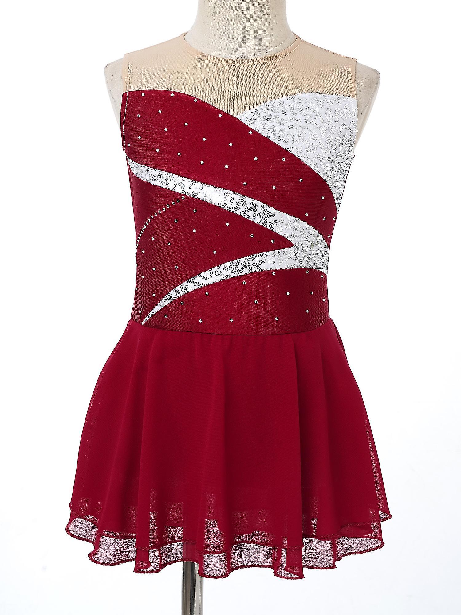 Figure Skating Dress Kids Girls Rhinestone Mesh Splice Ballet Dance ...