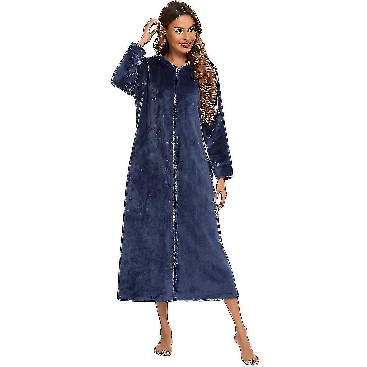 Women's Zip Up Plush Fleece Robe Hooded Warm Long Bathrobe Dressing ...