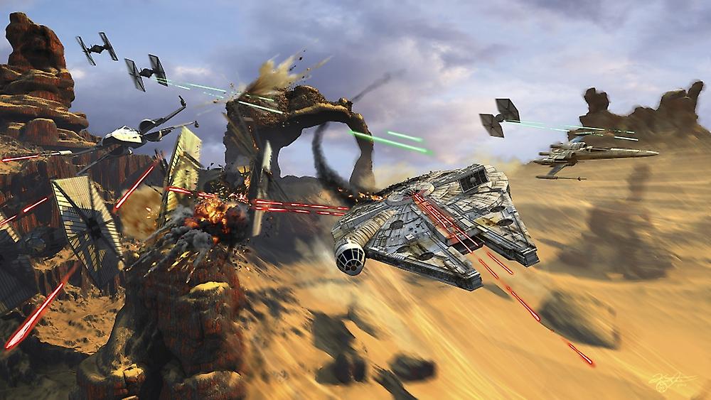 Star Wars Millenium Falcon flying low in the desert fighting off TIE ...