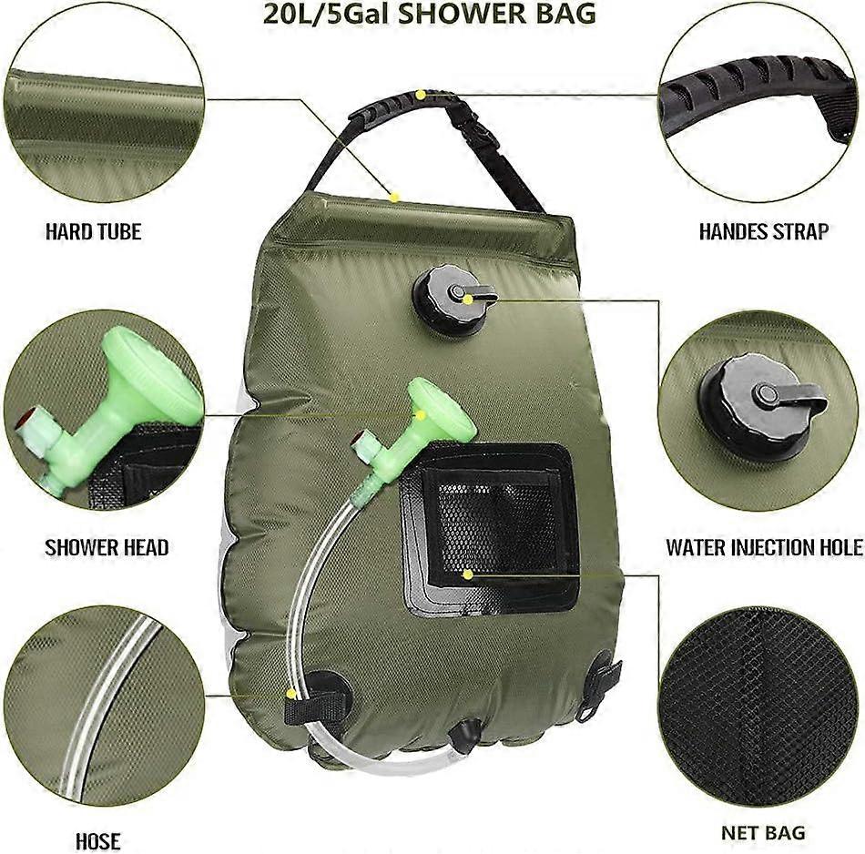 Solar Shower Bag green, Solar Heated Camping Shower Bag, 5 Gallon (20L ...