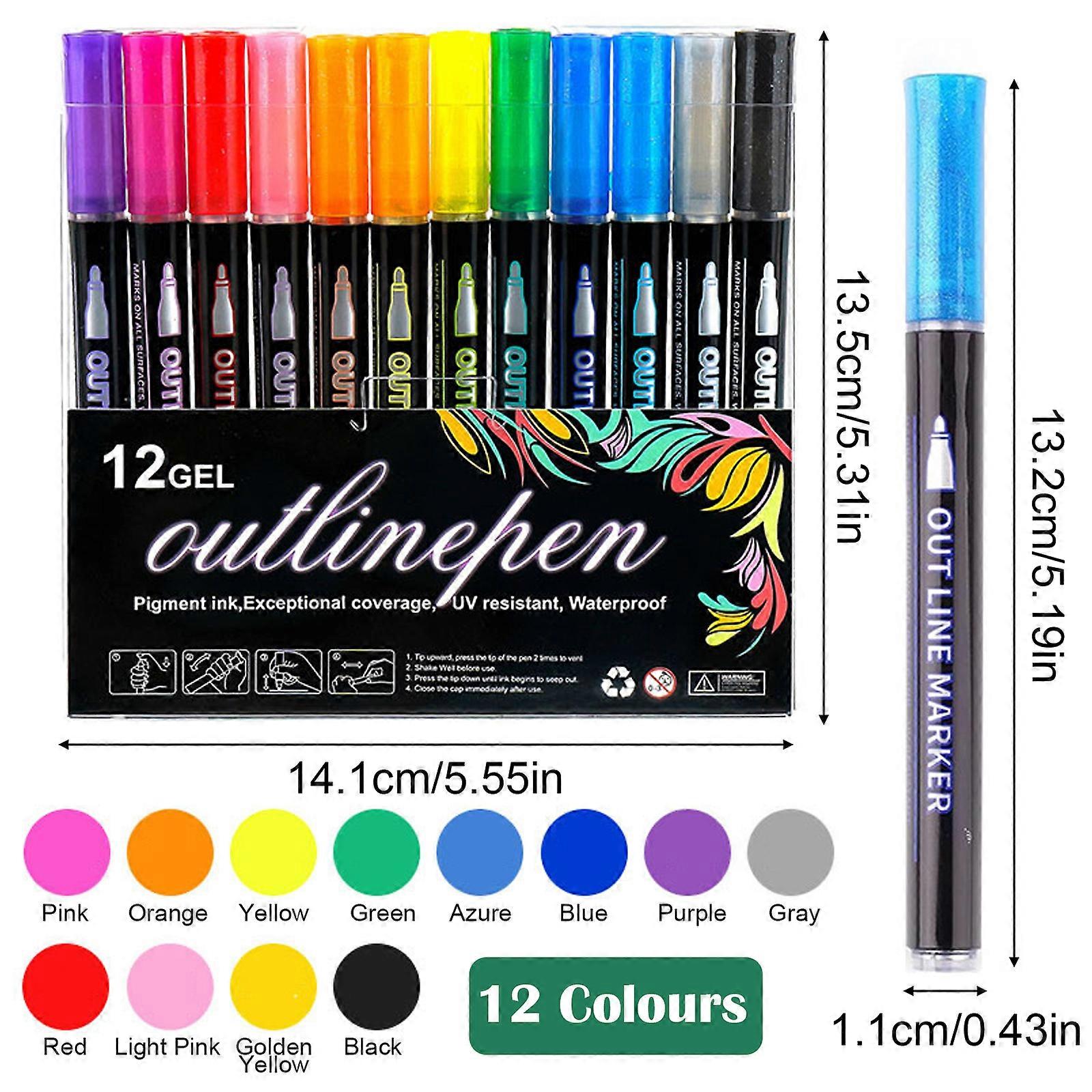 Outline pens, 12 metal outline markers for gift card writing, double ...