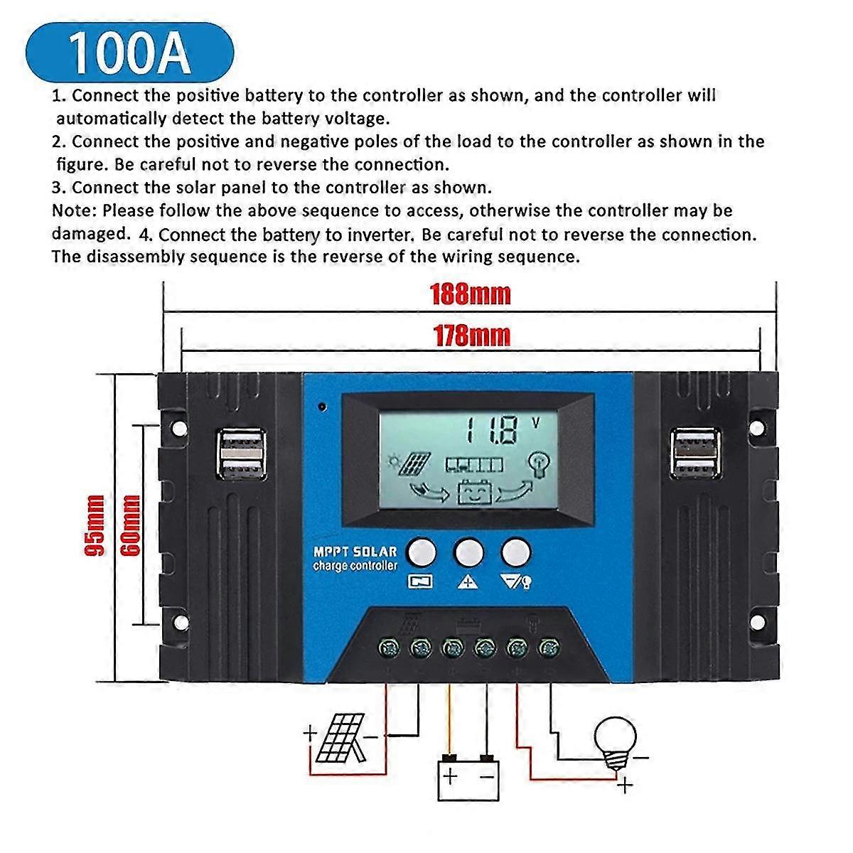 100a Mppt Solar Charge Controller Dual Usb Lcd Display 12v/24v Auto ...
