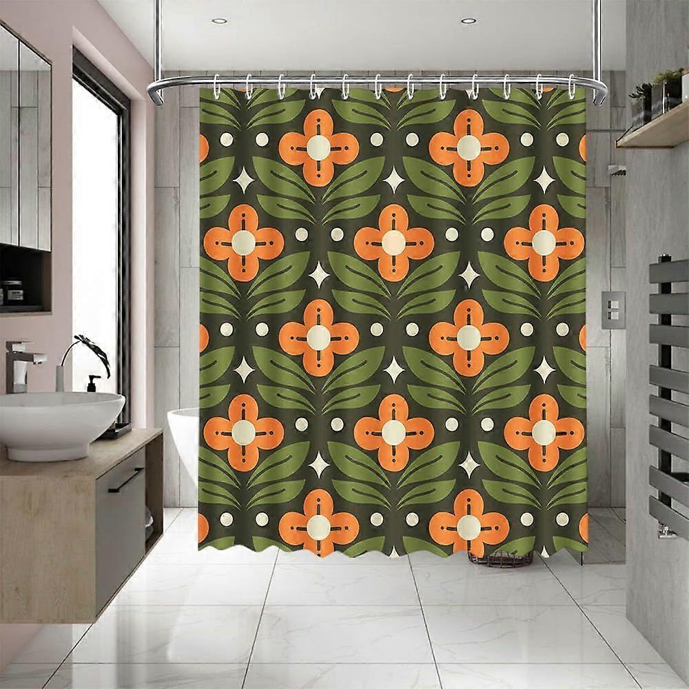Orange Floral Green Shower Curtain Vintage Mid Century Modern Abstract Geometric Bathroom ...