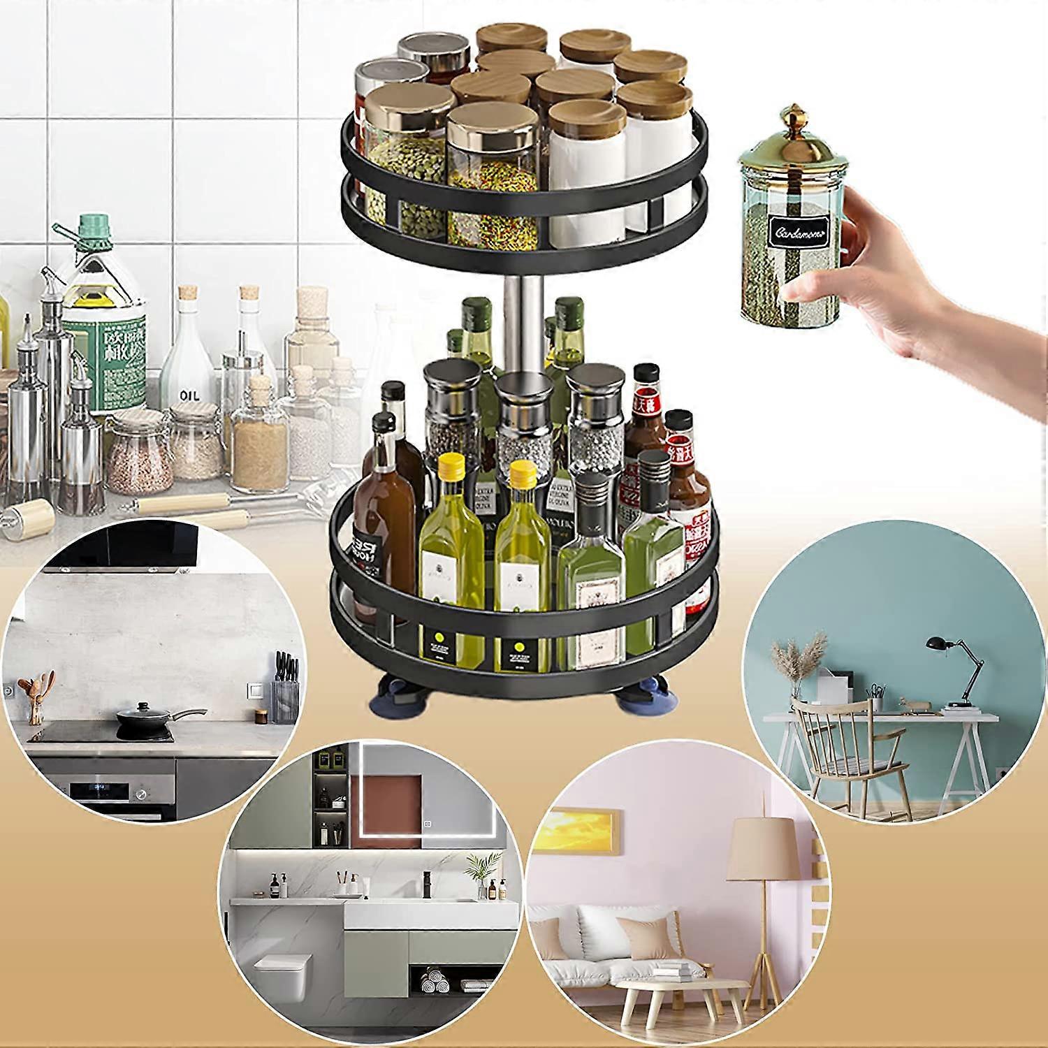 Spices Rack,2 Layer Turntable 360 Rotating Steel Condiment Holder ...