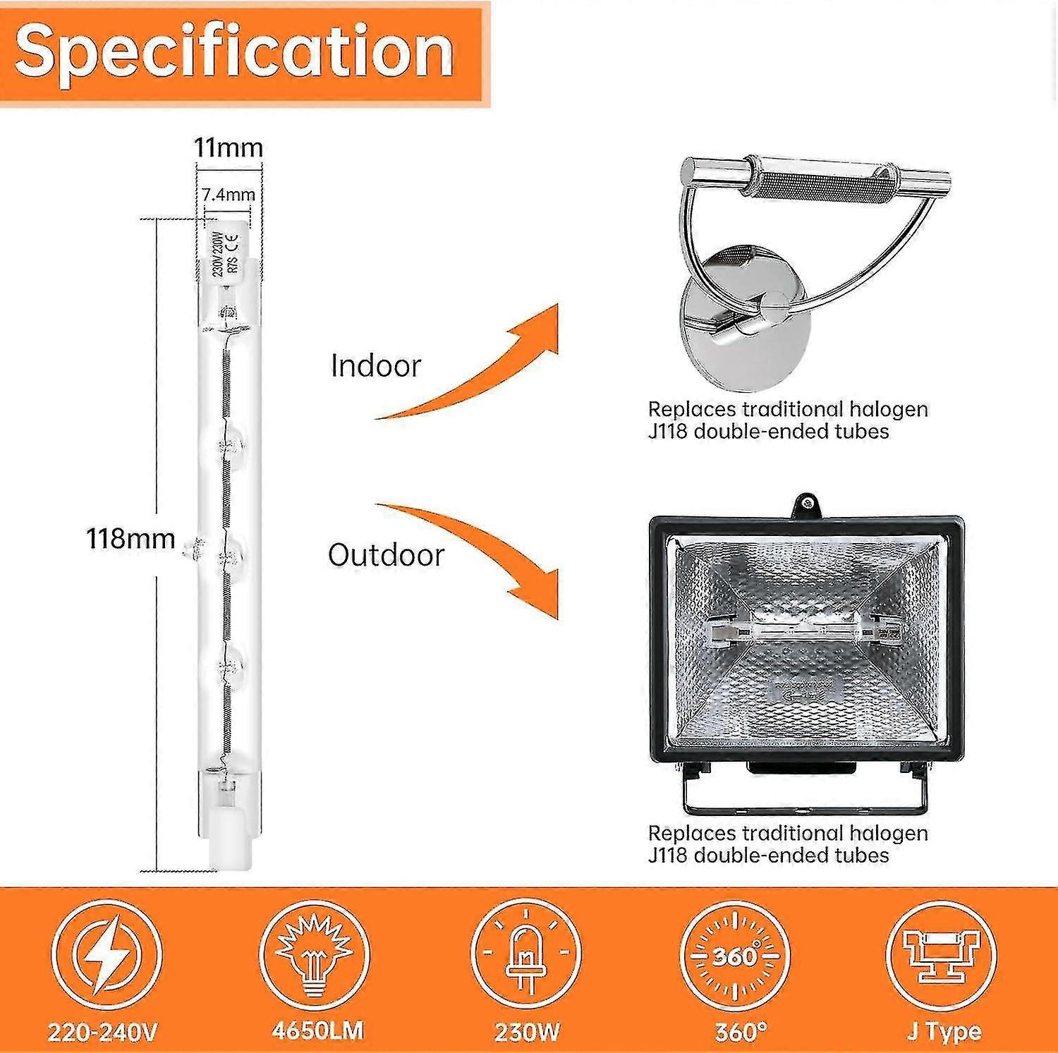 6 Pack R7s Halogen Bulb 118mm 230W Dimmable 230V 4650lm 2800k Warm ...