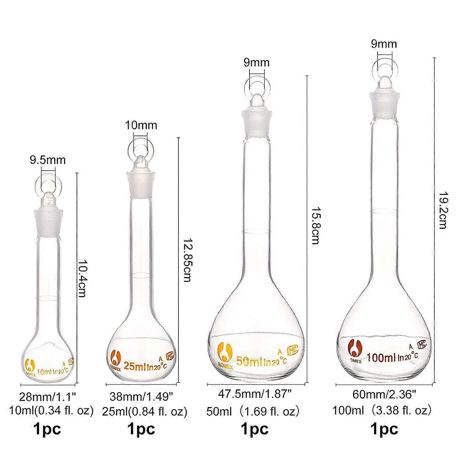 4pcs Volumetric Flask 10ml/25ml/50ml/100ml Volumetric Flask Set with ...
