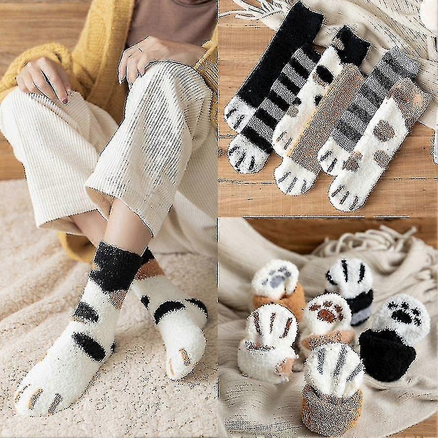 6 Pairs Cat Paw Fluffy Socks Women Cat Socks Fuzzy Cosy Warm Slipper ...