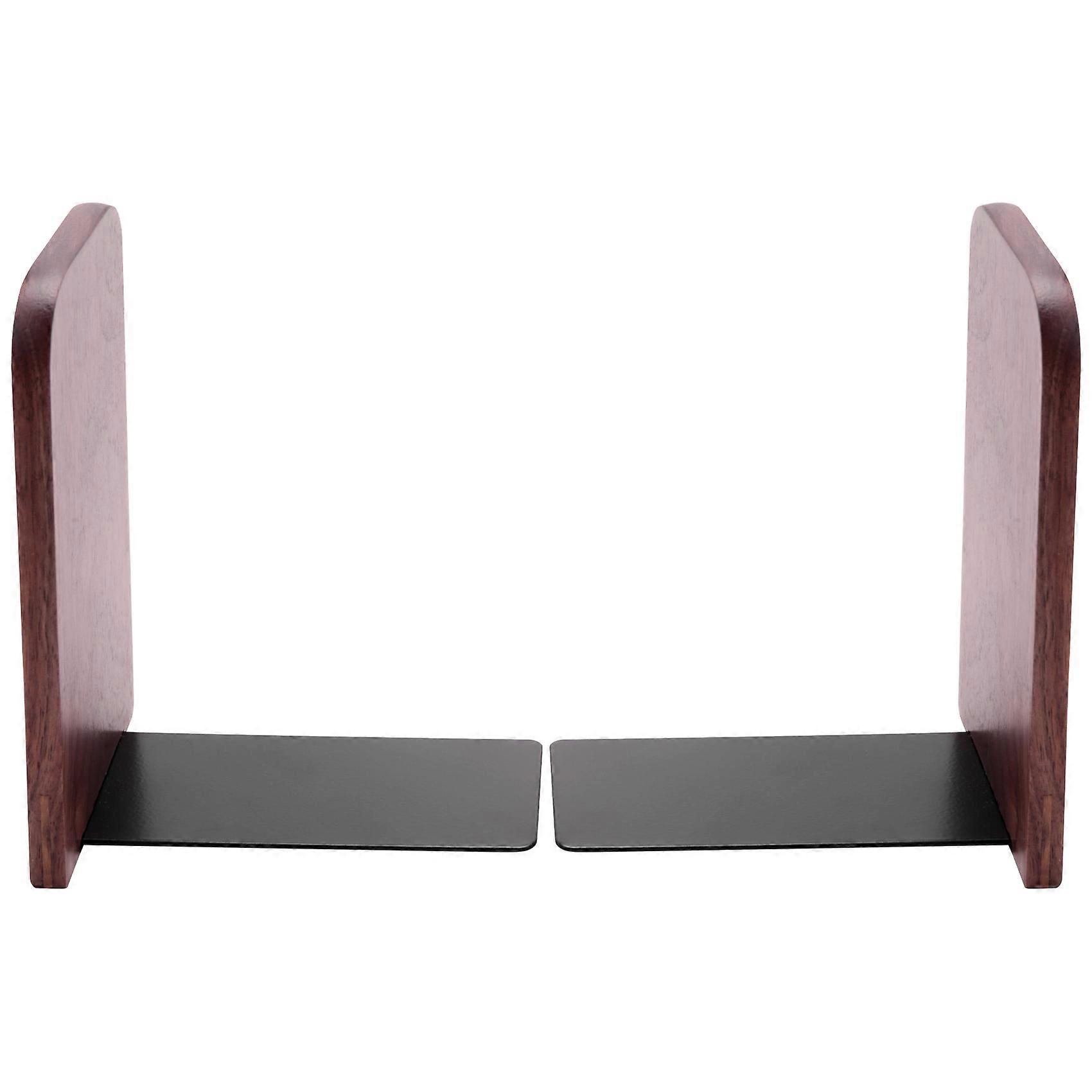 2Pcs Wooden Bookends with Metal Base Heavy Duty Black Walnut Book Stand ...