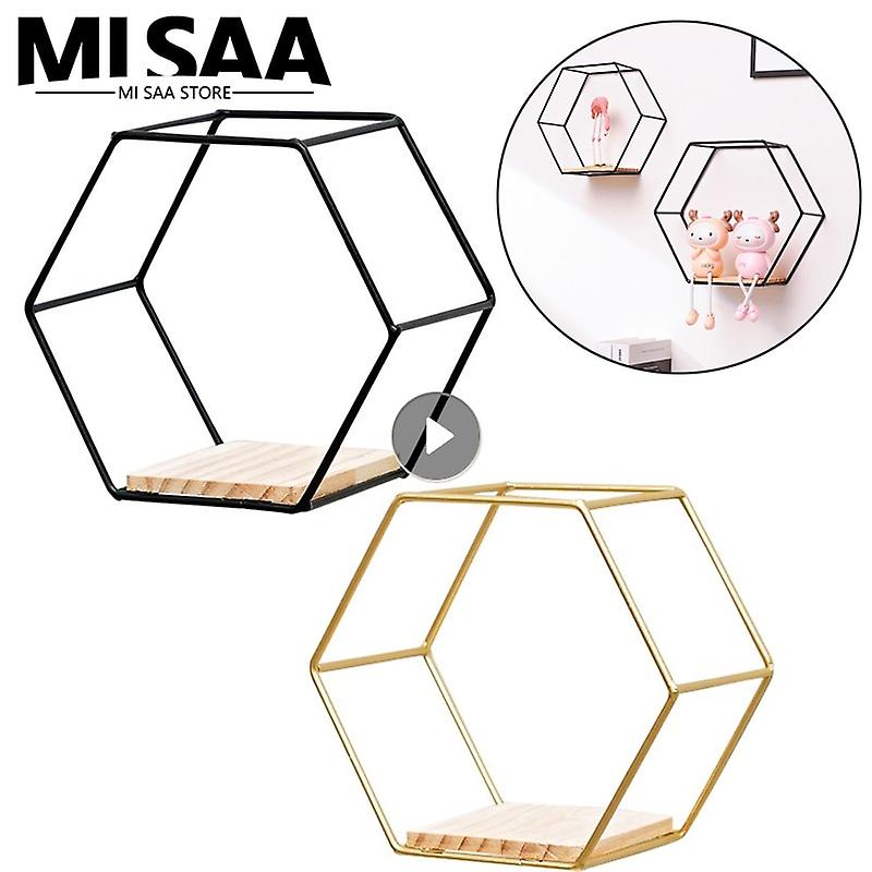 Wall Mounted Floating Hexagon Shelves Metal Framed Gold Shelves With ...