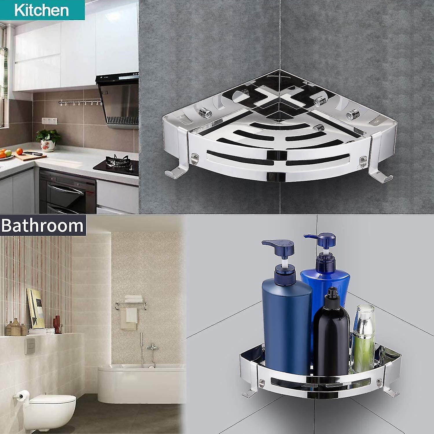 Stainless Steel Drill-less Triangular Corner Shower Shelf With 4 Hooks ...