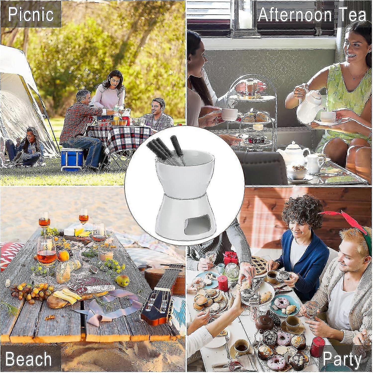 White Ceramic Chocolate Fondue Pot Set Cheese Ice Cream Warmer, 300ml ...