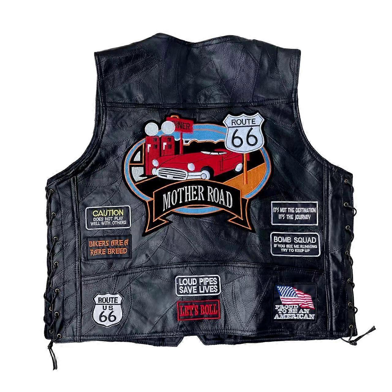 Men's Motorcycle Leather Vests Short Single Breasted 42 Patches Fashion ...