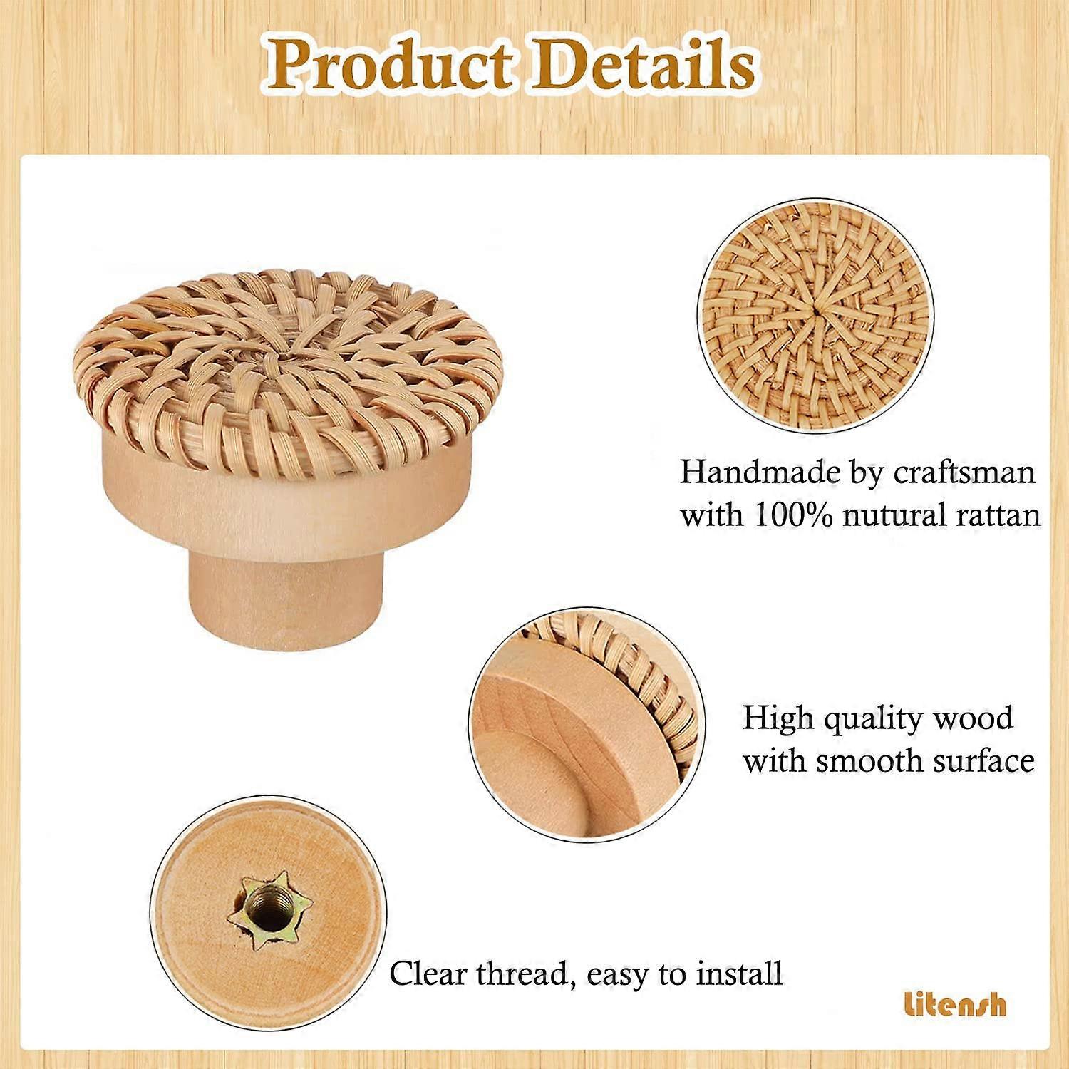 Set of 6 Bohemian Round Rattan Drawer Knobs - Vintage Decorative Drawer ...