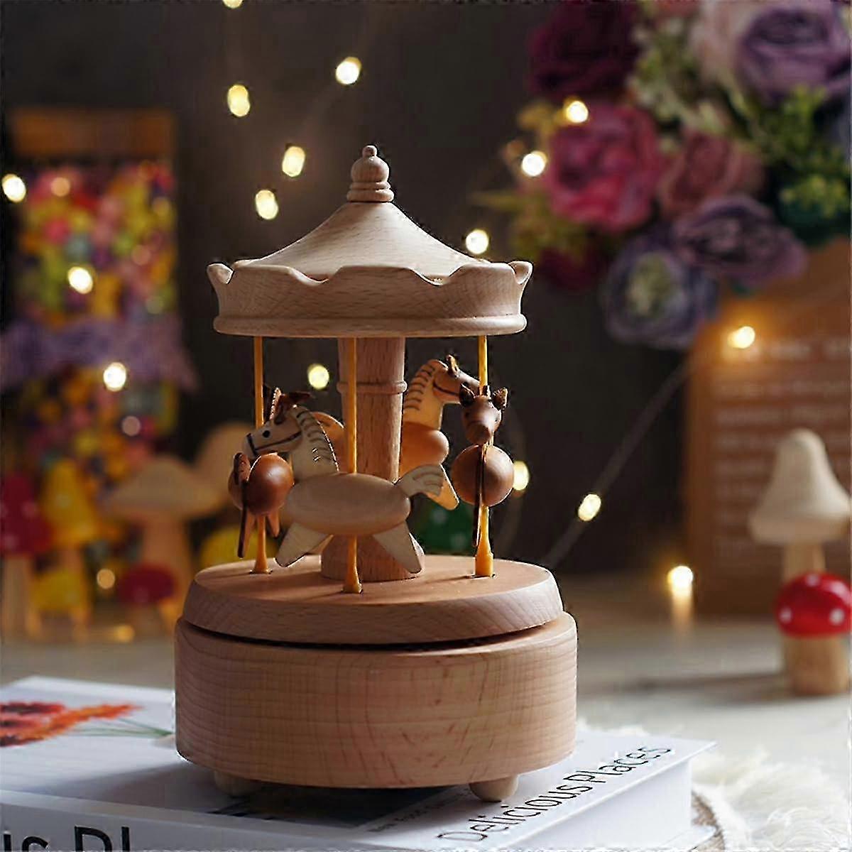 Music Box Wooden Merry-Go-Round Horse Musical Box Turn Horse Shaped ...