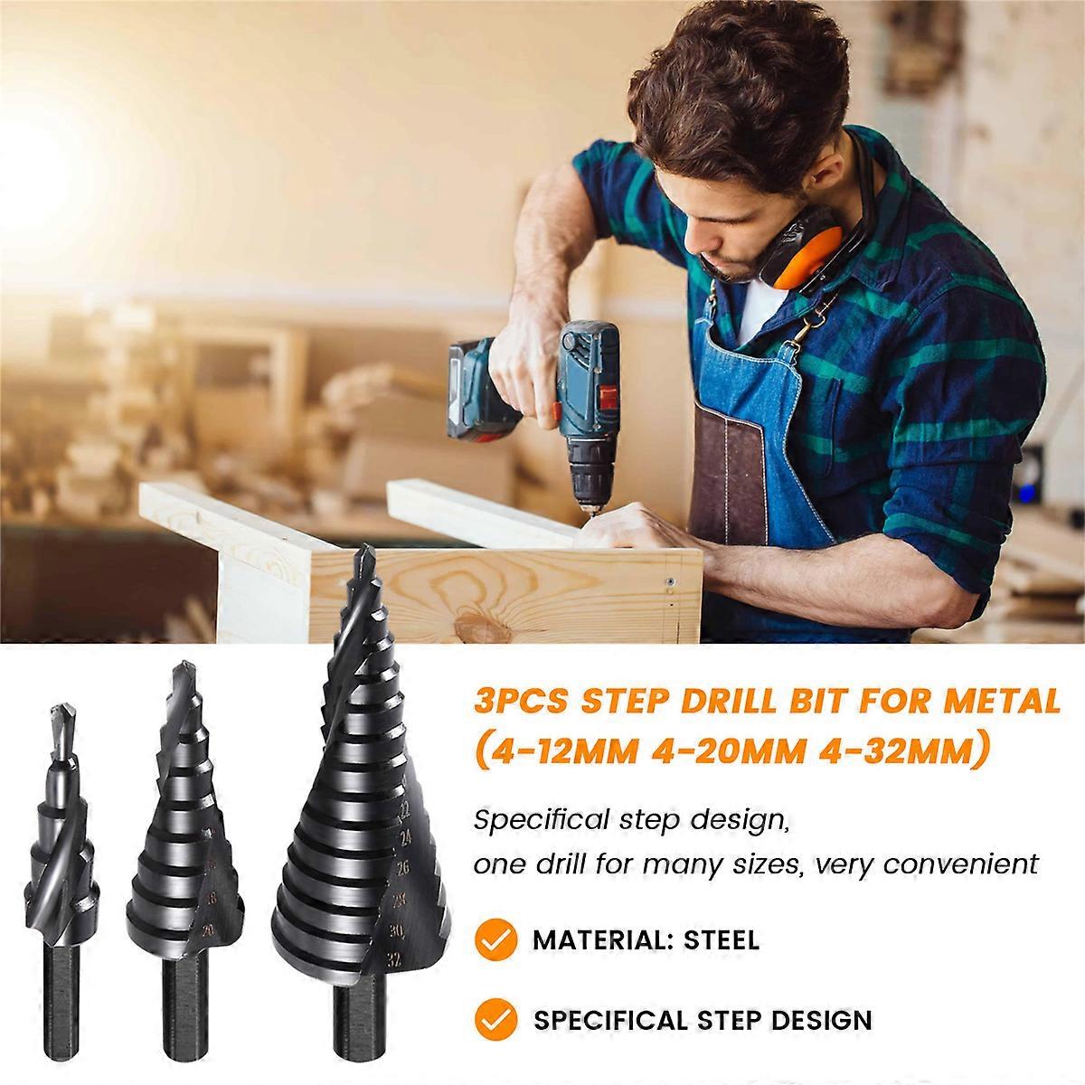 3PCS Step Drill Bit for Metal, 4-12mm 4-20mm 4-32mm Spiral Flute Unibit ...