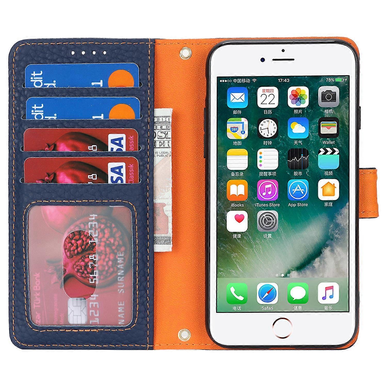 For iPhone SE (2022) (2020) 8 7 Stand Case Litchi Texture Genuine Cow ...