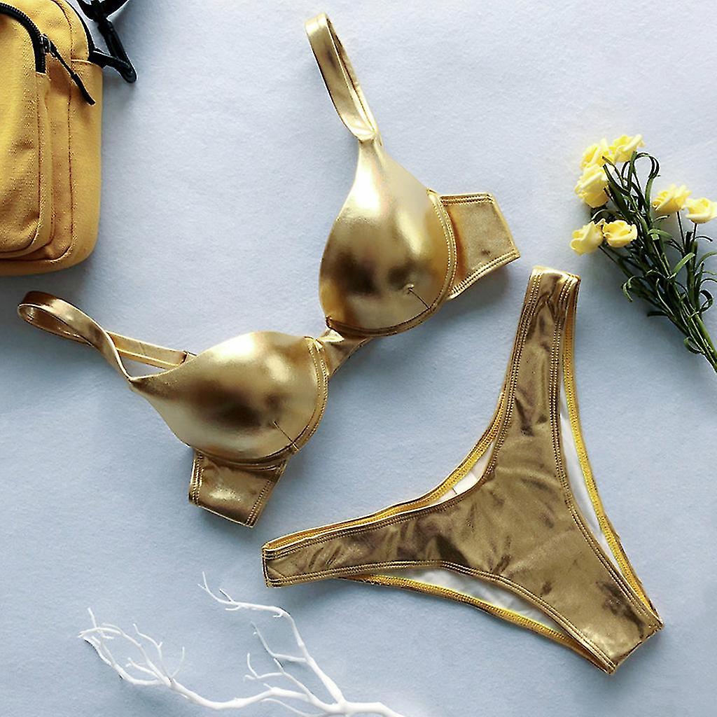 Women Shiny Metallic Bikini Swimsuit Cheeky Low Waist Underwire Padded ...