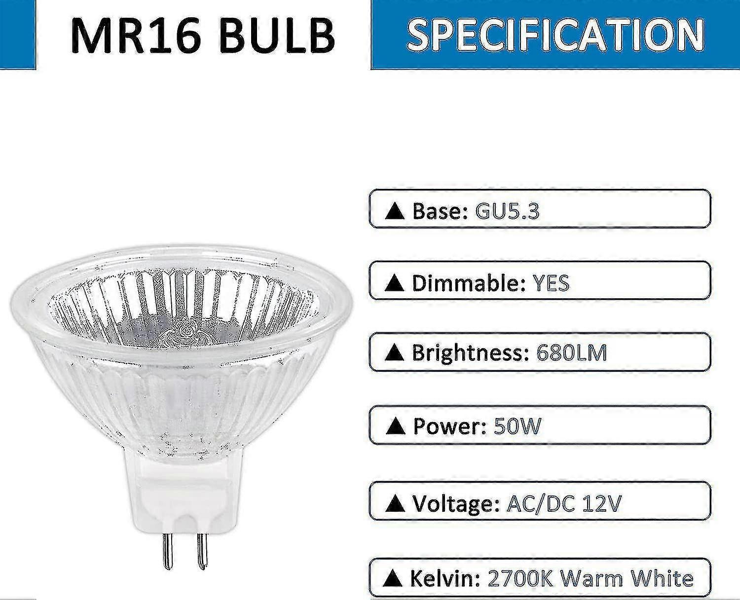 Halogen Bulb Gu5.3 50w 12v, 800lm Warm White 2700k Dimmable, Halogen ...