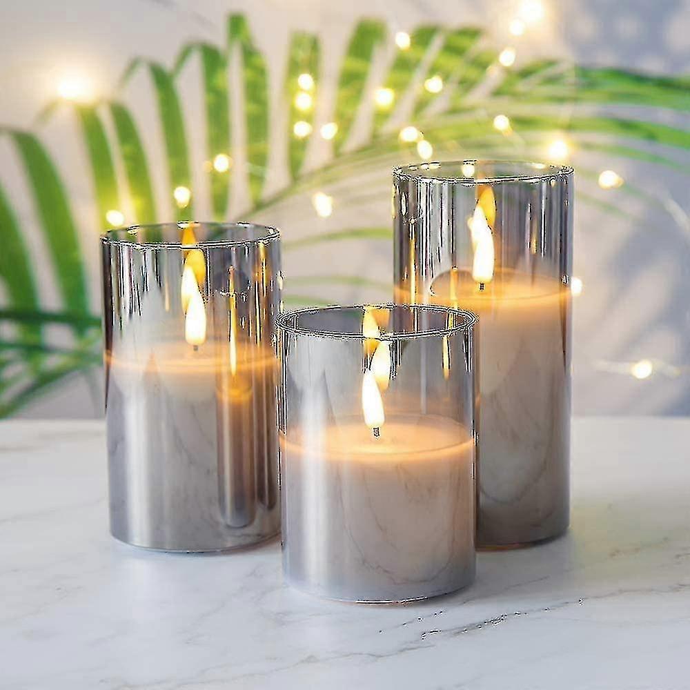 Silver Grey Glass Flameless Flickering Candles With Remote, 3 Pack ...