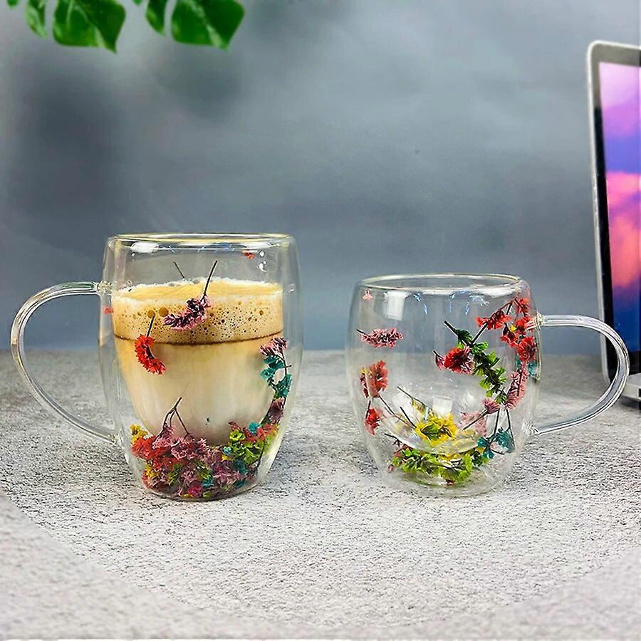 Tasse à café en verre transparent à double paroi de fleur séchée Tasse en verre isolée double ...