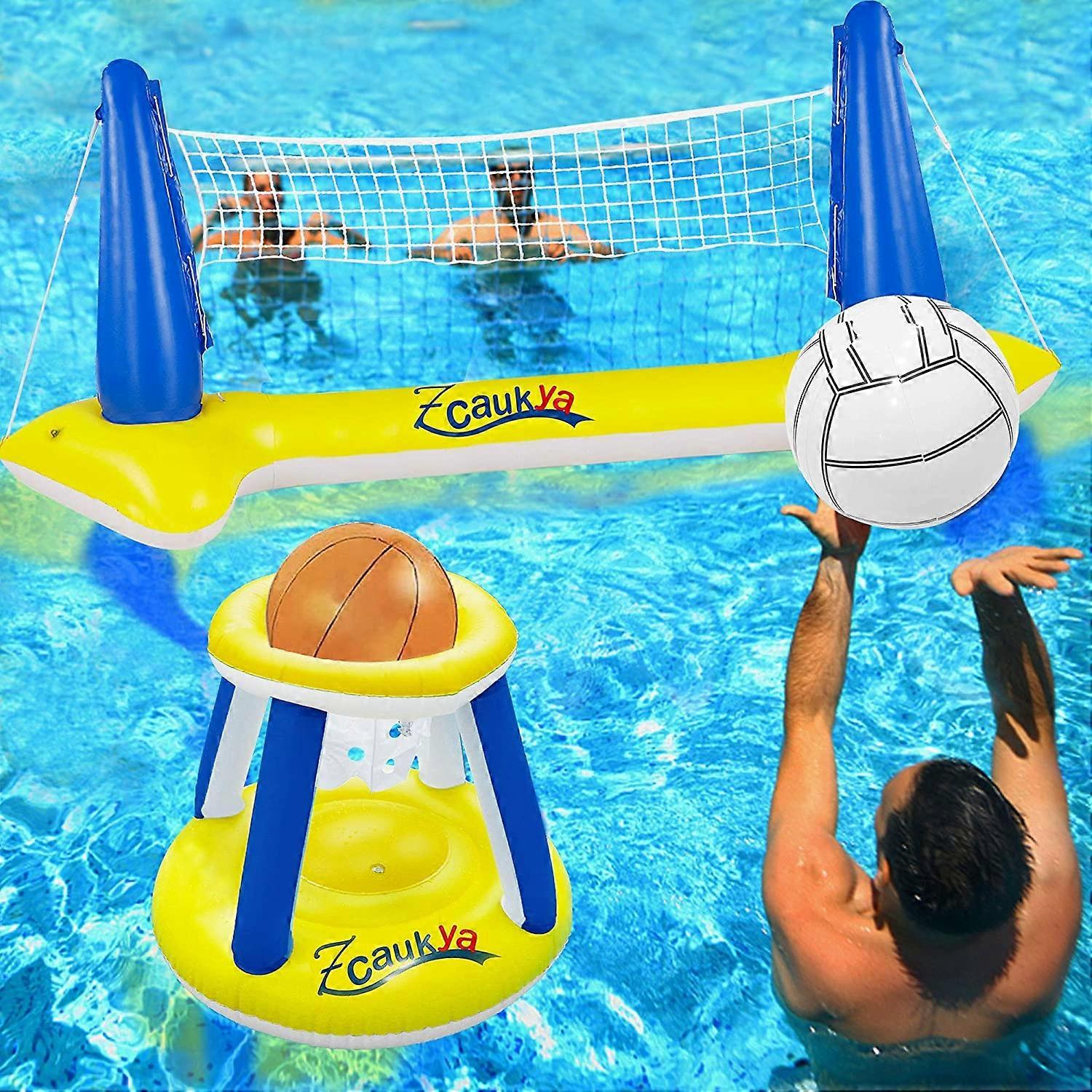 Inflatable Pool Float Set, Inflatable Volleyball Net & Basketball Hoop ...