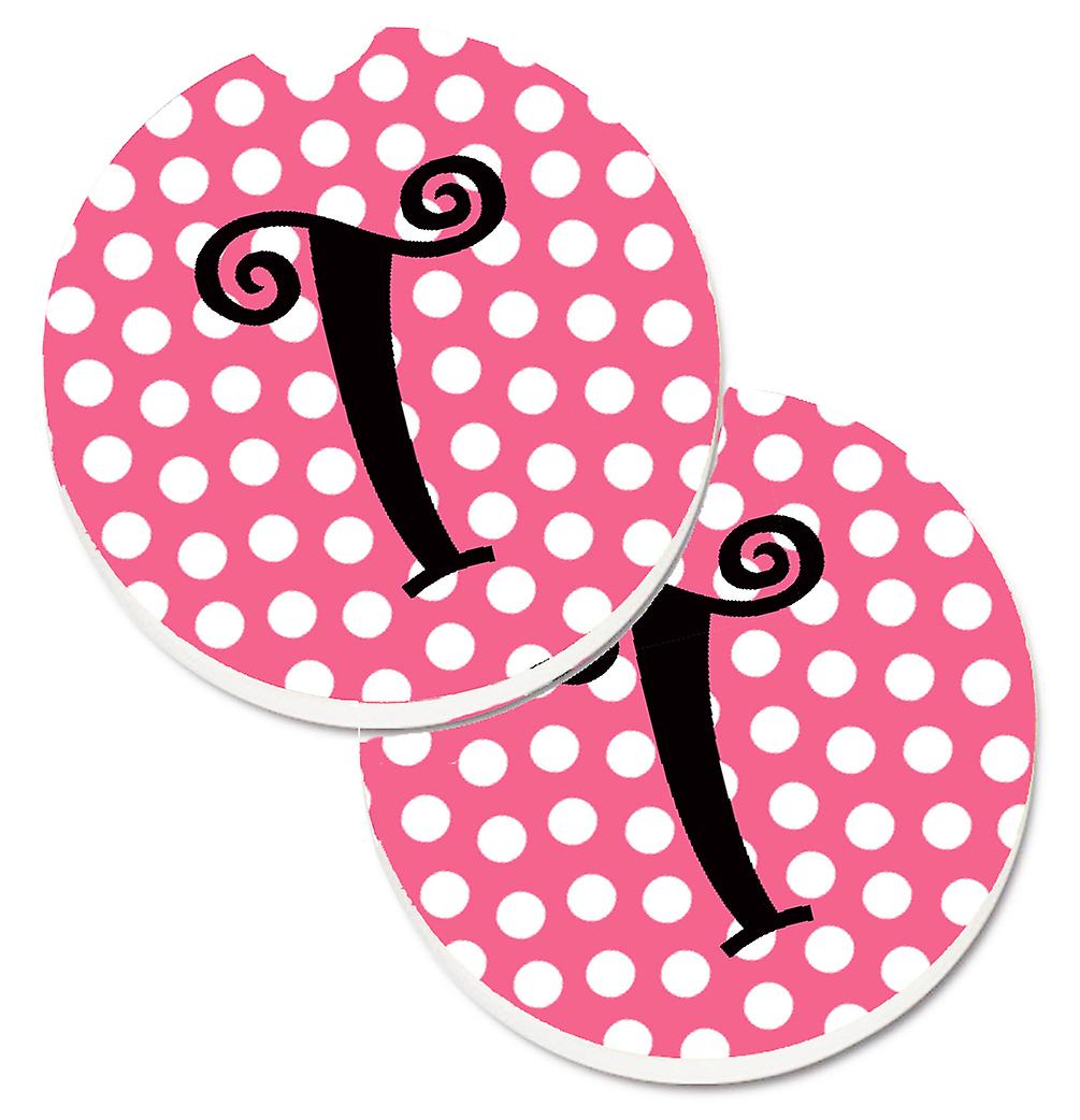 letter-t-monogram-pink-black-polka-dots-set-of-cup-holder-car-coasters