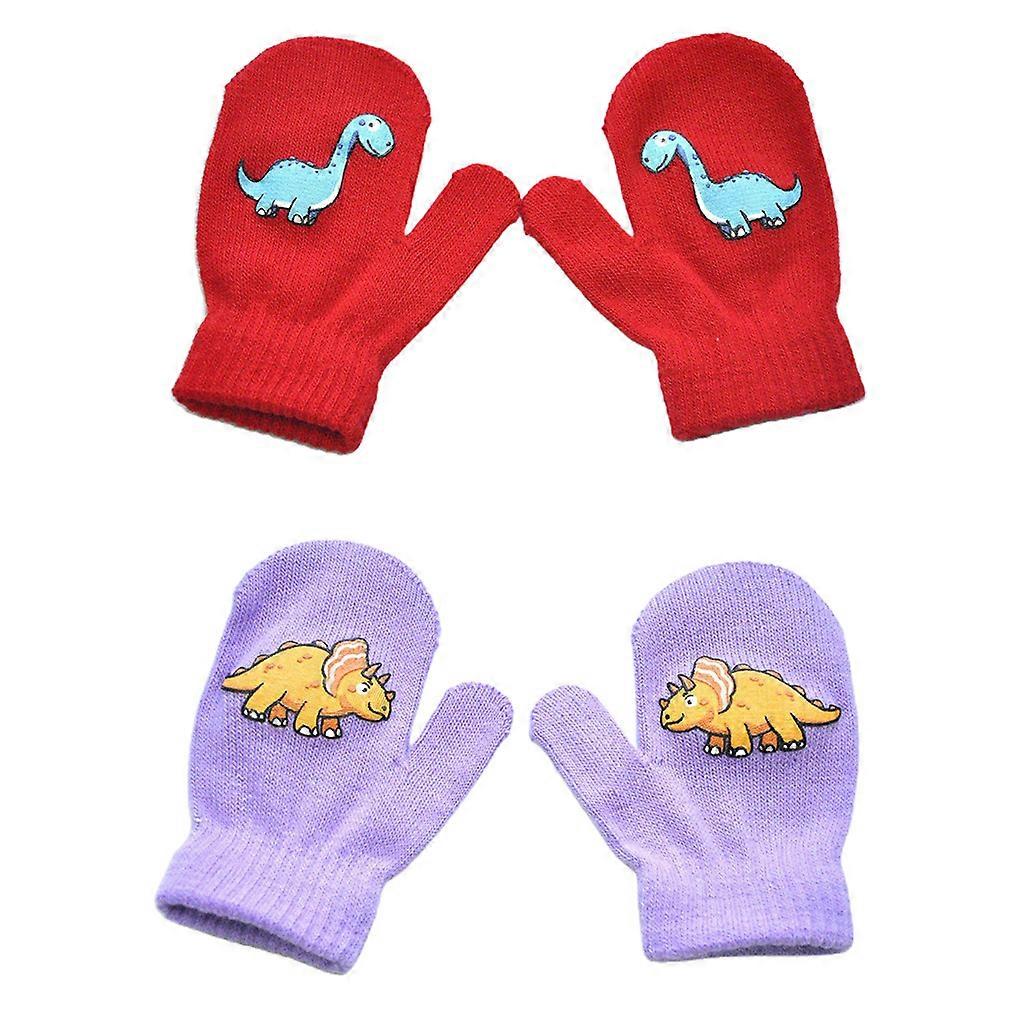 Kids Winter Full Fingers Gloves Warm Stretch Knitted Cartoon Dinosaur ...