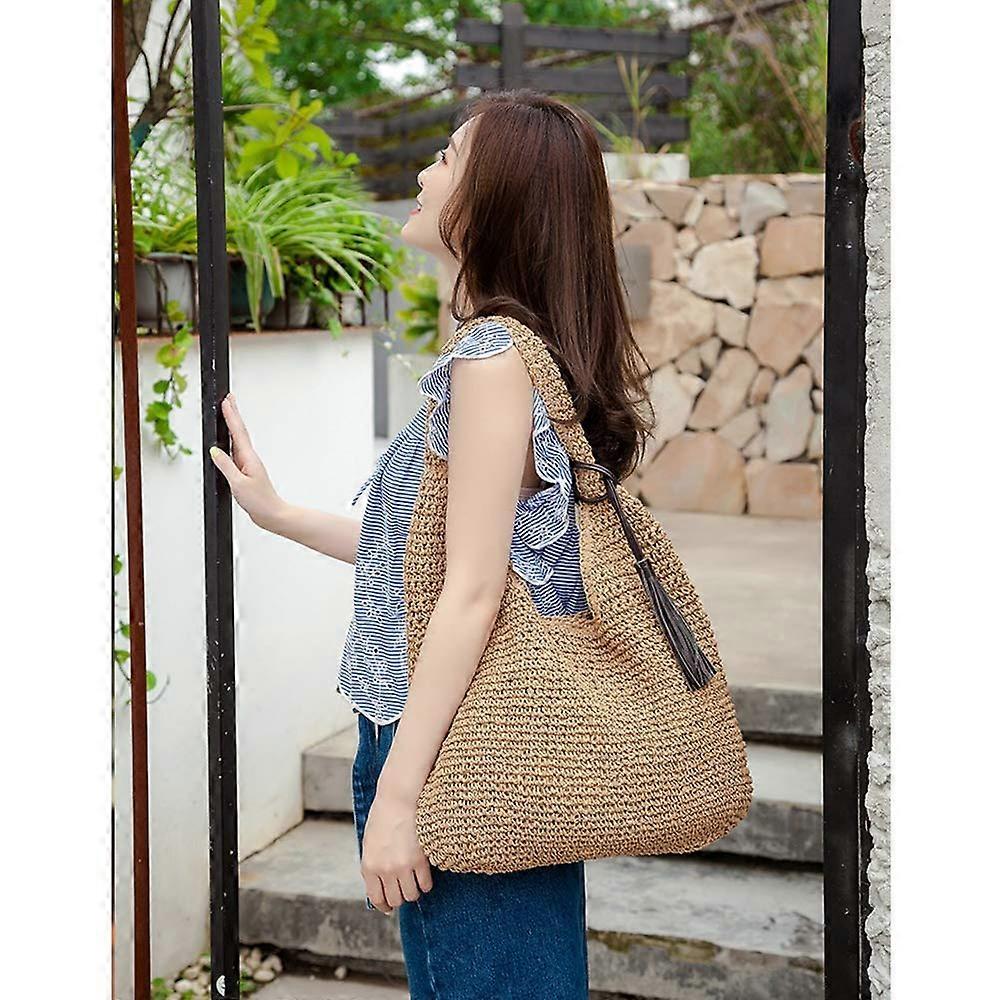Hand-woven Soft Large Straw Shoulder Bag with Black Tassels Boho Straw ...