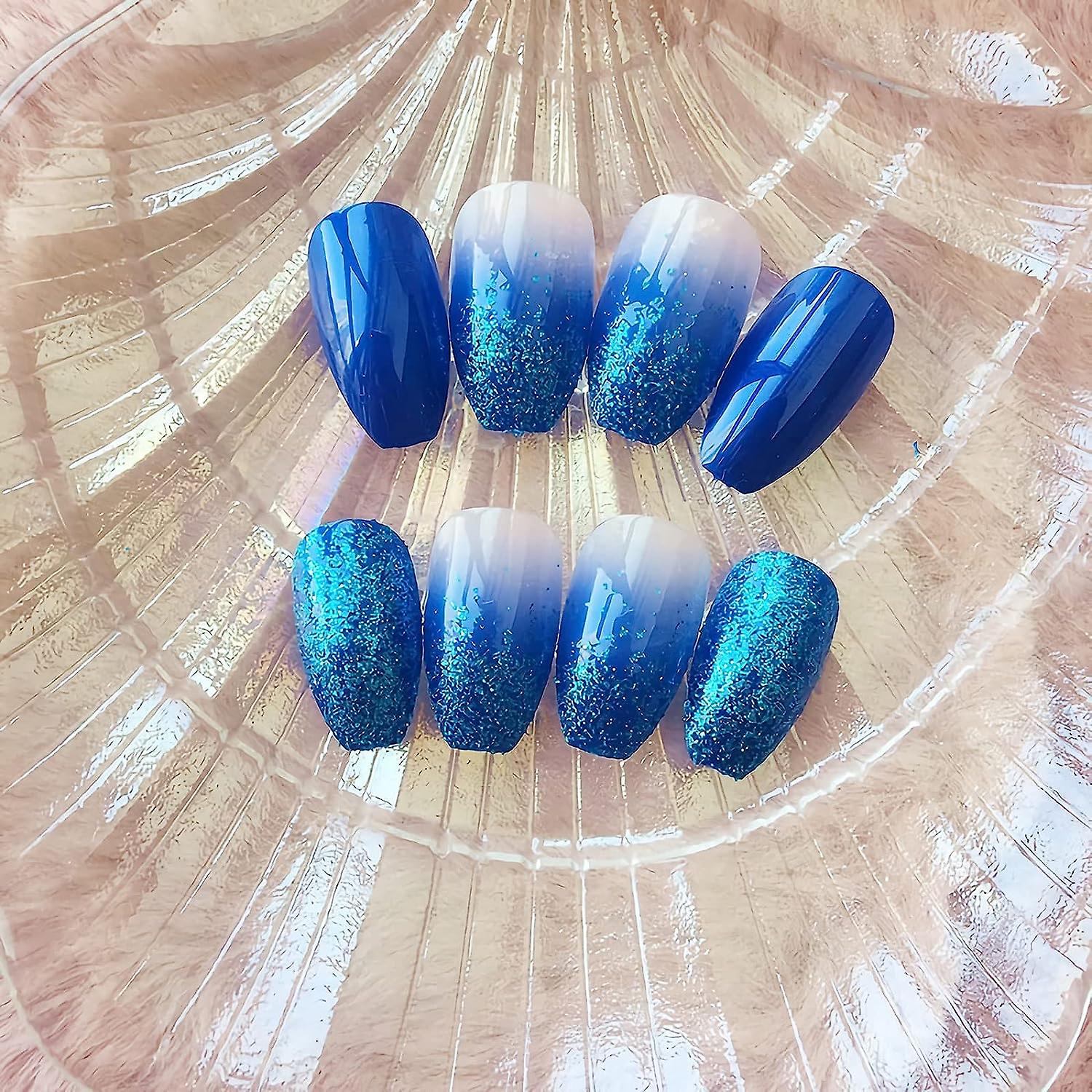 Blue Gradient Fake Nails, Glitter Artificial False Nails with Double ...