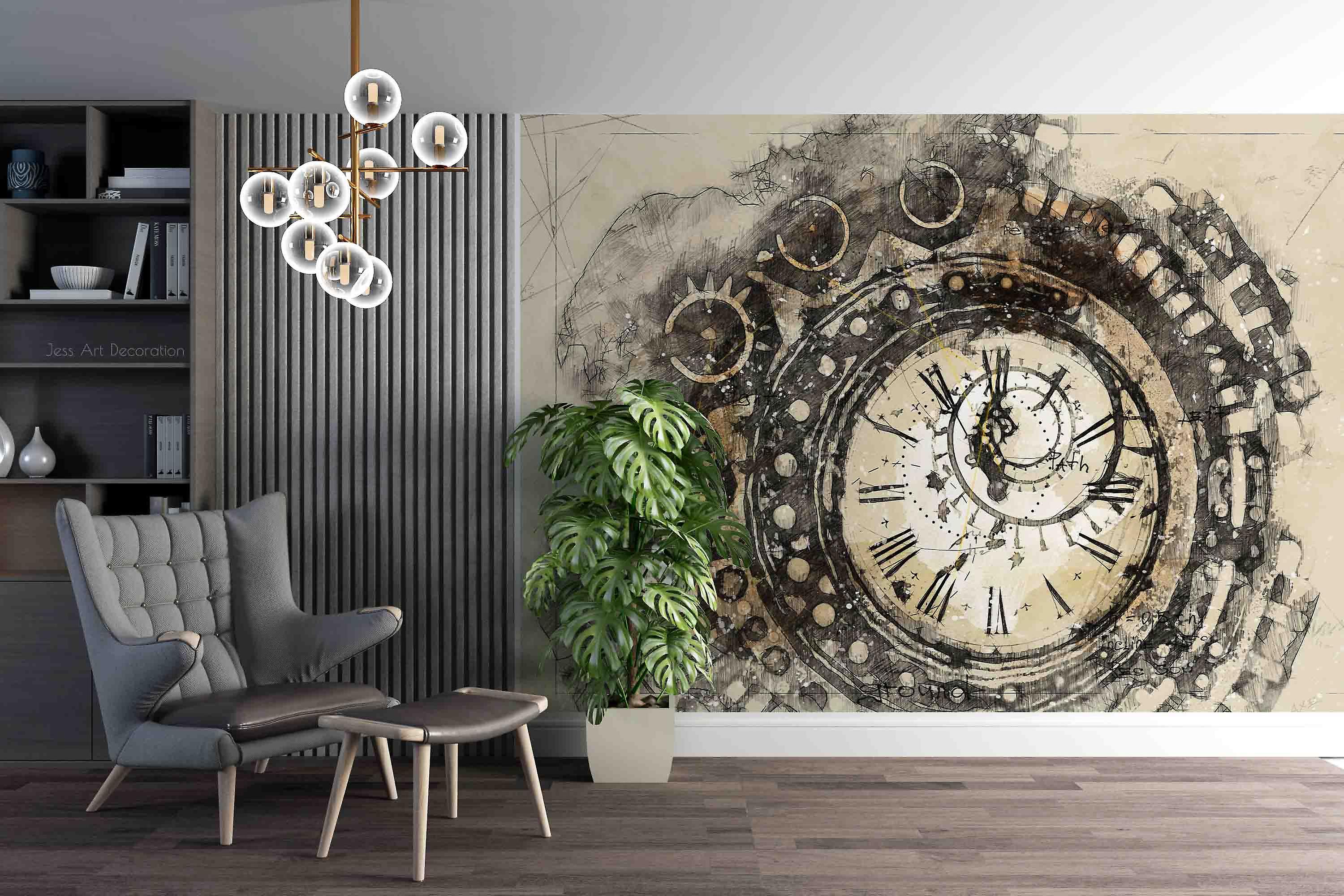 3D hand rita retro klocka väggmålning tapet sww 155 | Fruugo SE