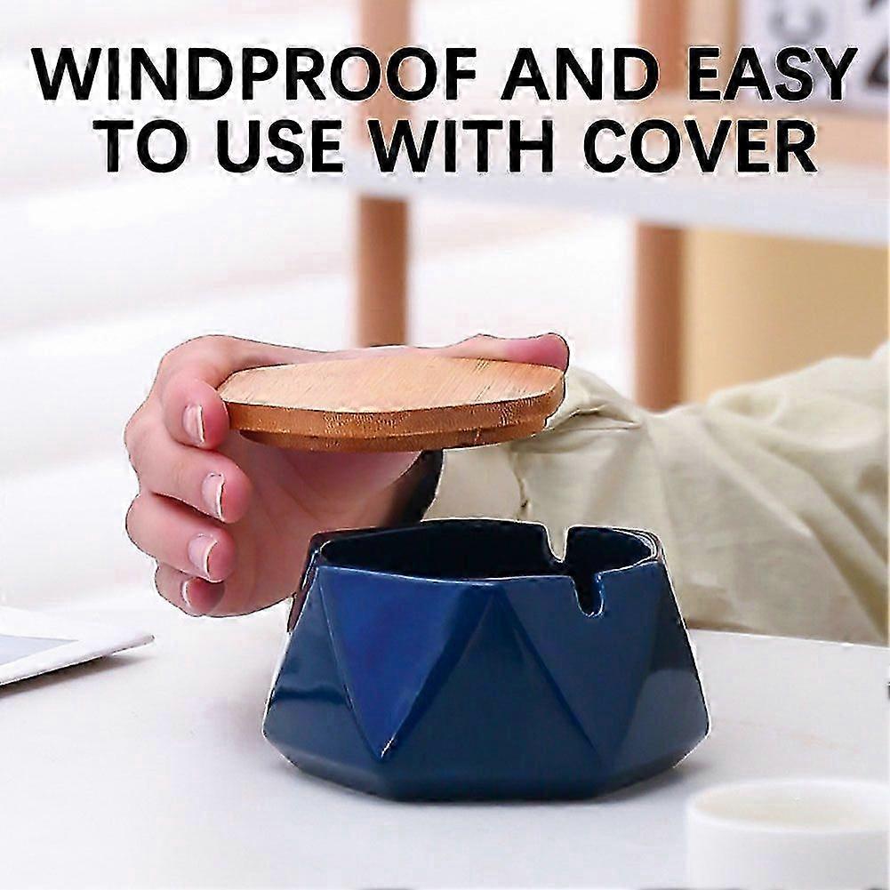 Ceramic Ashtrays with Bamboo-Lid Large Capacity Cigarettes Ash-Cup for ...