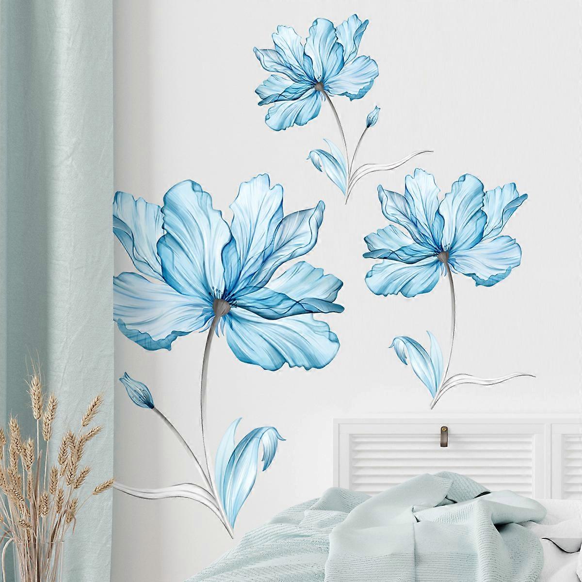 Blue Flowers Wall Sticker Large Flowers Plants Wall Sticker Removable ...