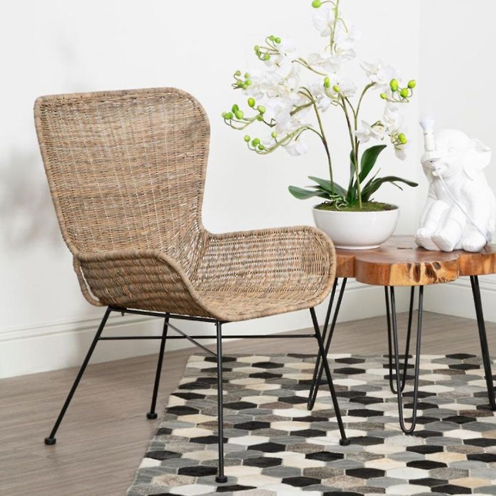 Fusion Living Natural Rattan Curved Lounge Chair With Black Iron Legs ...