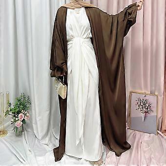 Eid Mubarak Solid Satin Open Abaya Kimono Femme Musulmane Puff Sleeve Muslim Hijab Dress Islamic ...