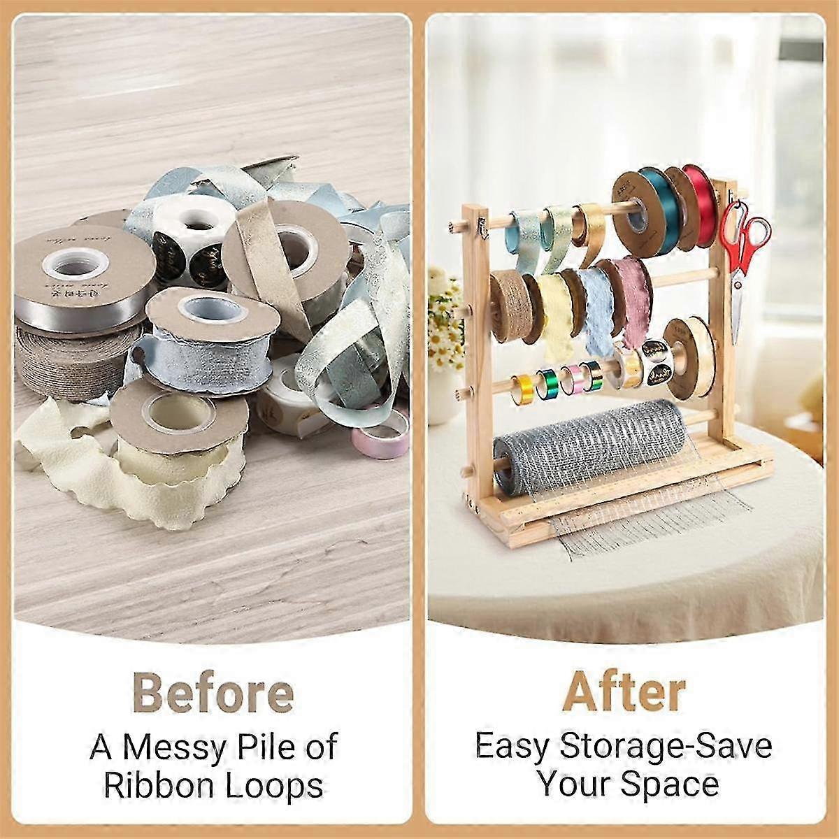 Ribbon Storage Rack - Wooden Ribbon Spool Holder for Craft Mesh Ribbon ...