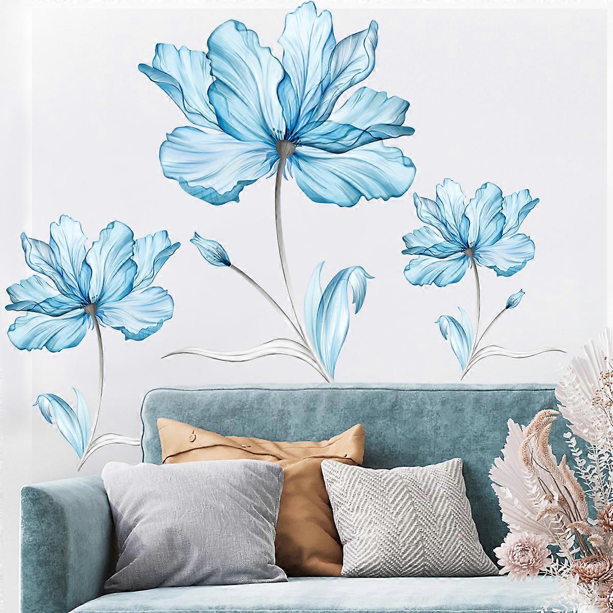 Blue Flowers Wall Sticker Large Flowers Plants Wall Sticker Removable ...
