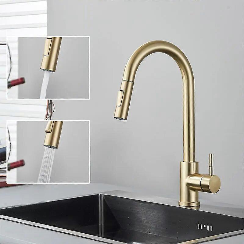 Kitchen Faucet Brushed Gold Pull Out Kitchen Sink Water Tap Single ...