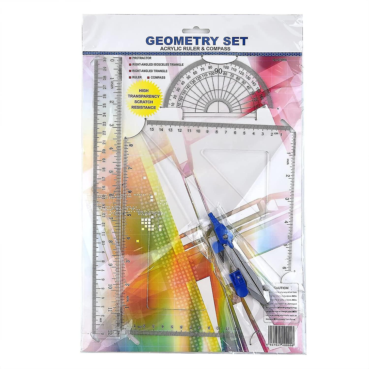12 Inch Math Geometry Tool Plastic Ruler Set Includes Straight Ruler ...