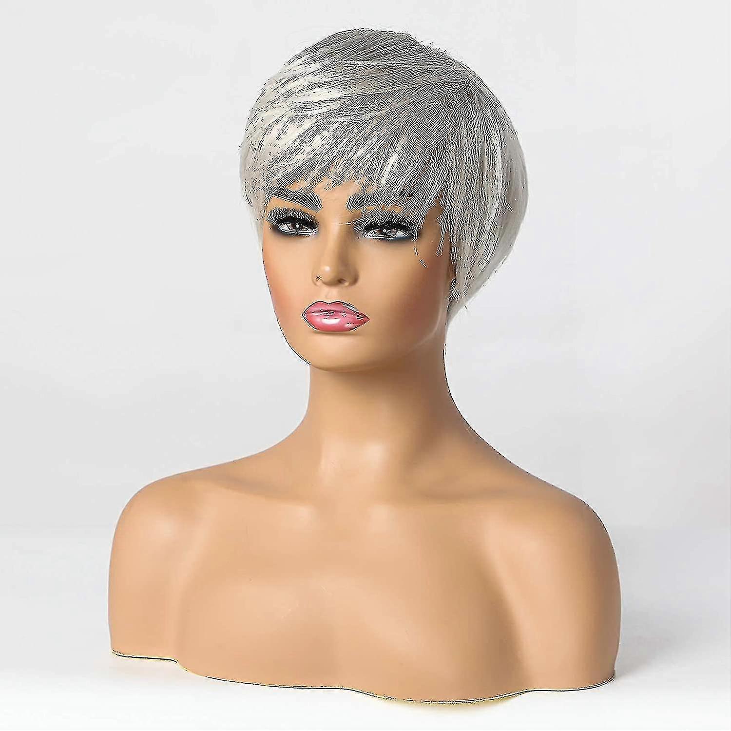 Short Silver Grey Human Hair Blend Wigs For Women,natural Hair Pixie ...