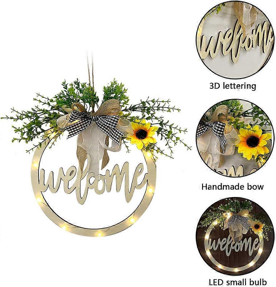 Welcome Sign, Wooden Welcome Door Garland with LED String Lights, 30cm ...