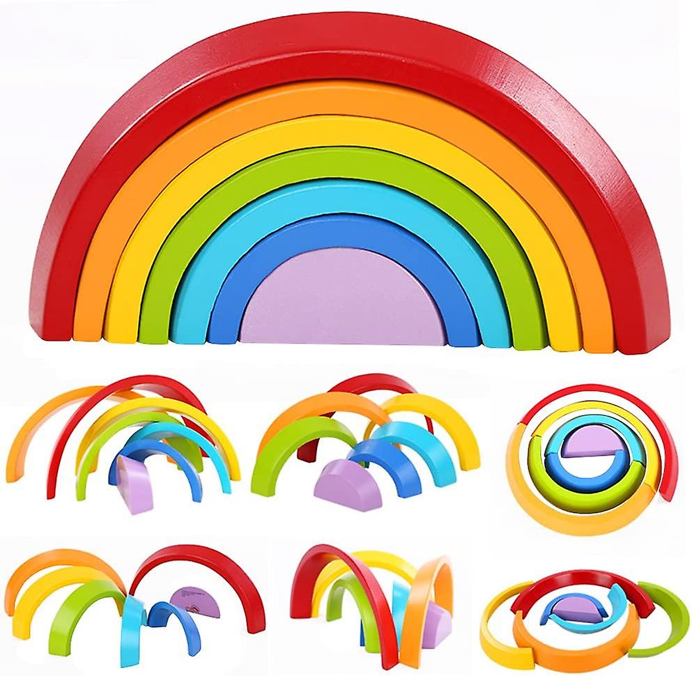 Wooden Rainbow Stacking Game Learning Toy Geometry Building Blocks ...