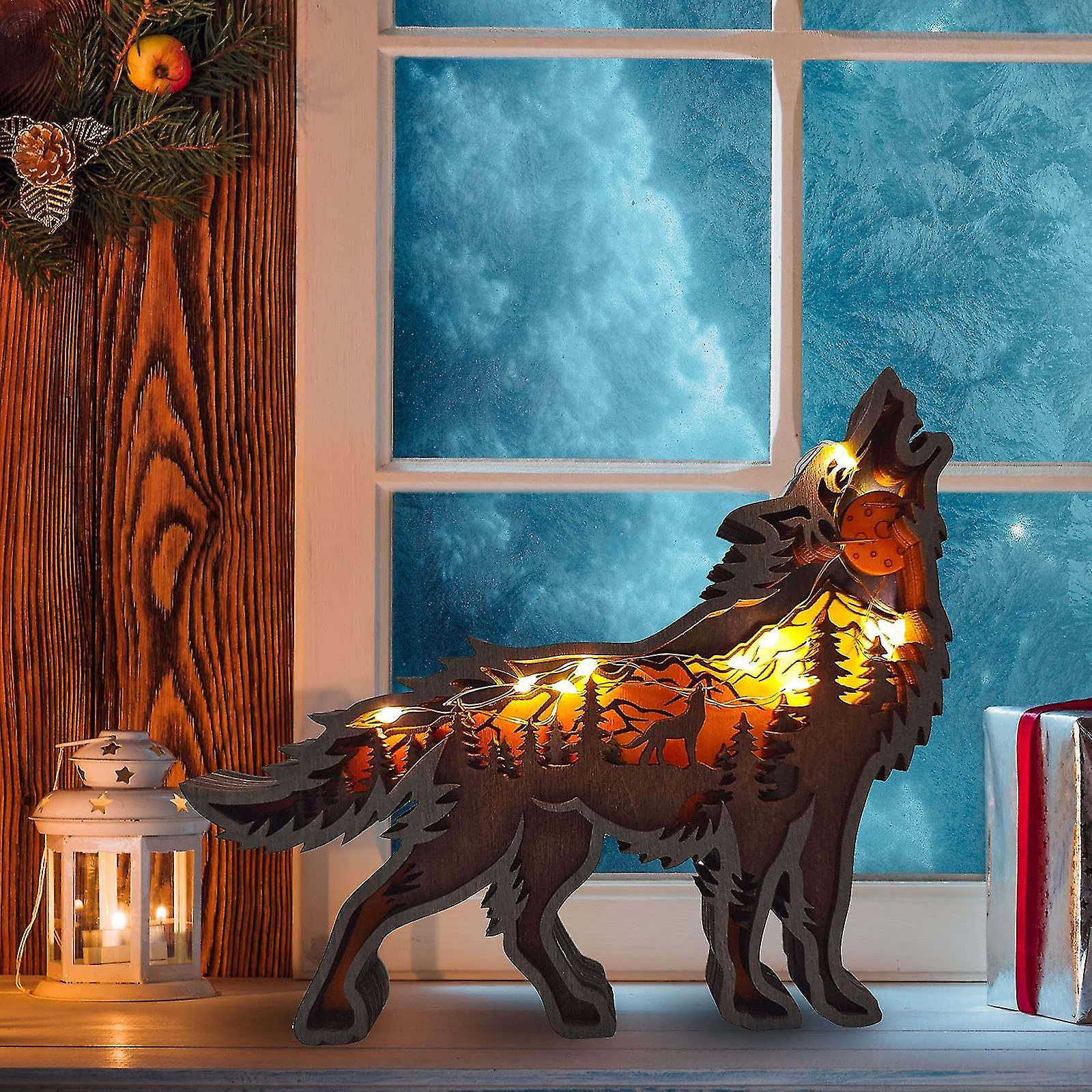 3d Forest Wolf Wood Crafts With Lights, Retro Multilayer Wolf Wood ...