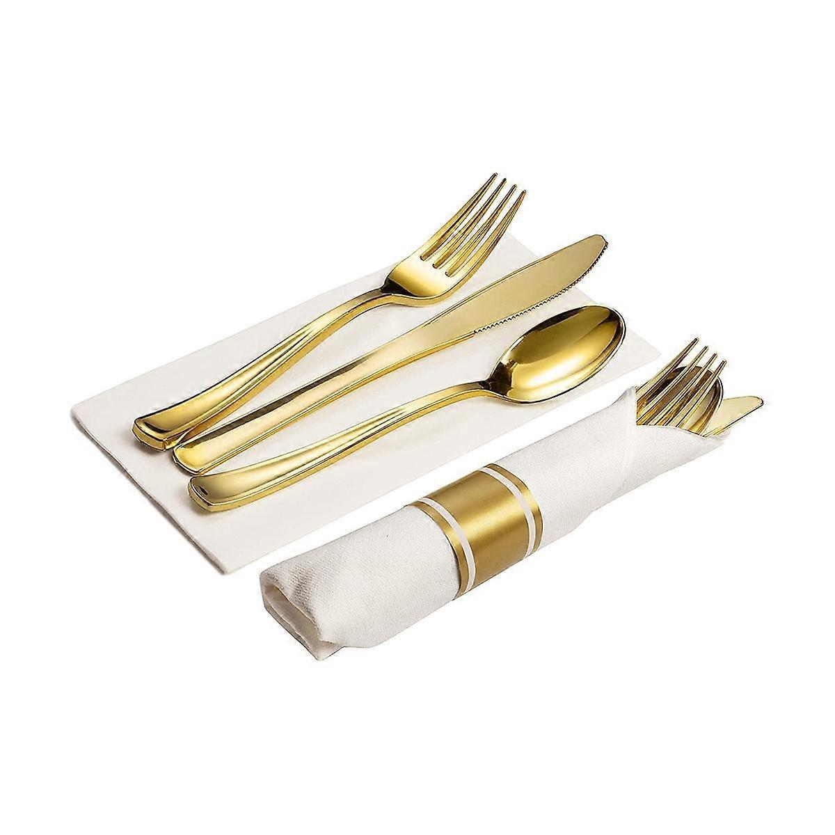 25 Pre Rolled Gold Plastic Silverware - Wrapped Disposable Silverware ...