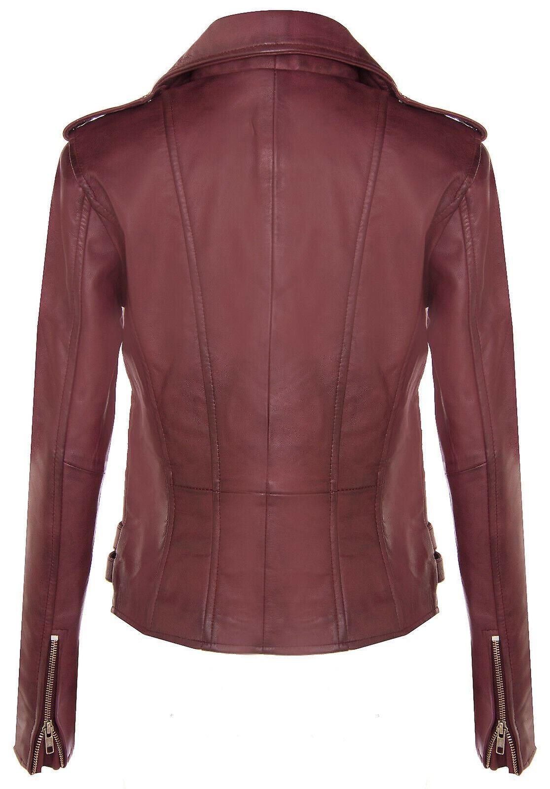 Ladies Burgundy Leather Biker Jacket | Fruugo NZ