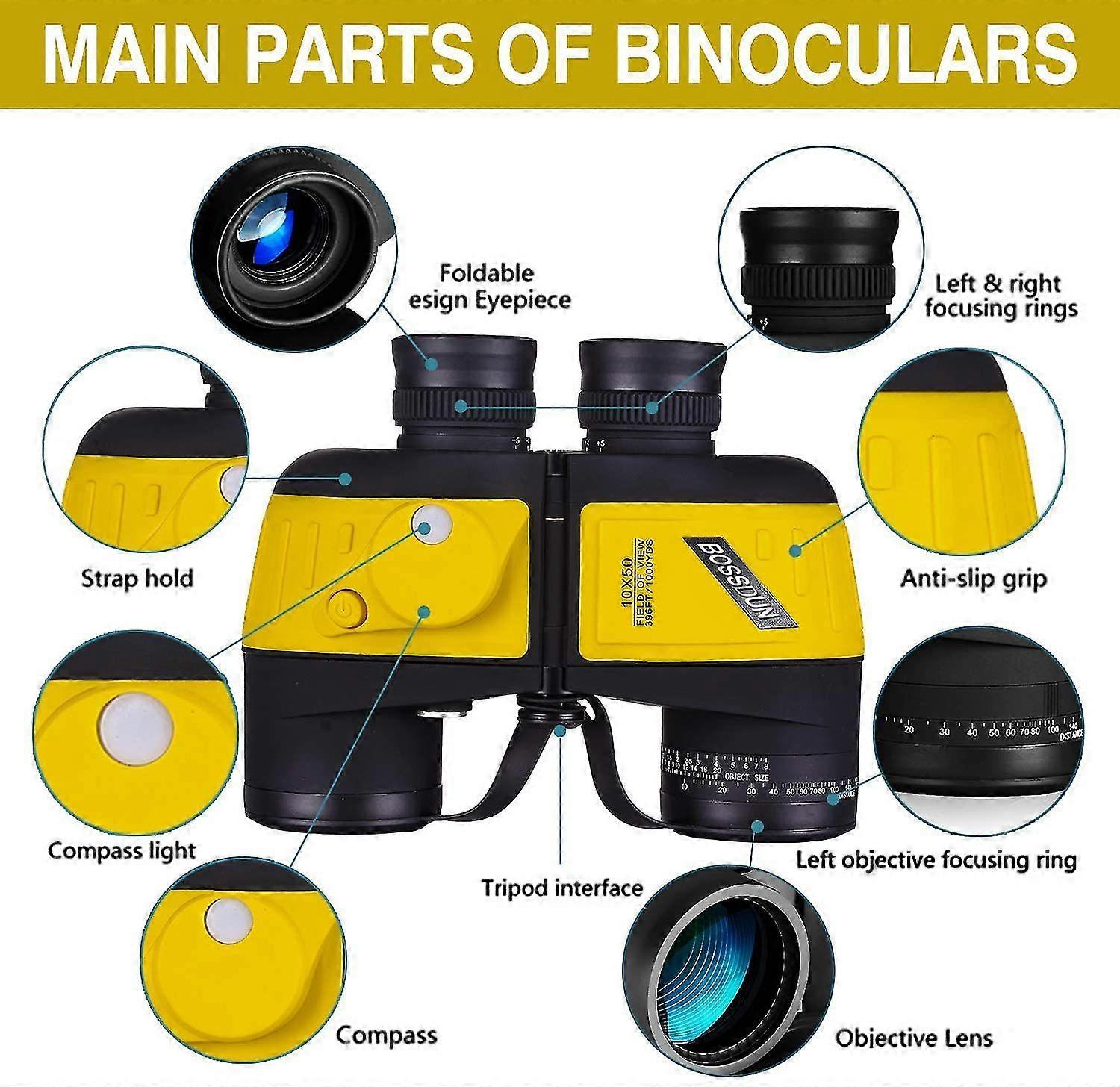 10x50 Waterproof Floating Military Marine Binoculars, with Internal ...