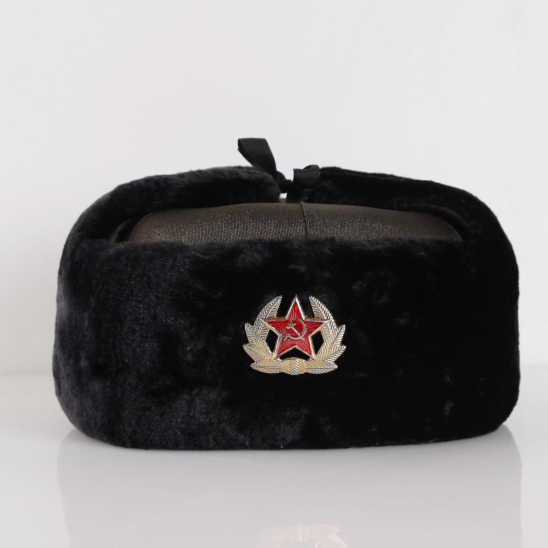 Mens Black Russian Trapper Winter Warm Hat Cap With Soviet Badge Unisex ...