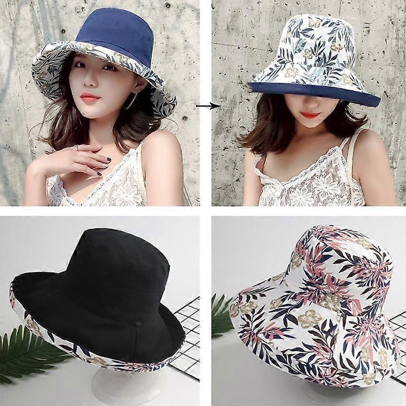 Wide Brim Cotton Summer Hat Women Packable Reversible Floral Bucket Hat UV Sun Protection Wide ...