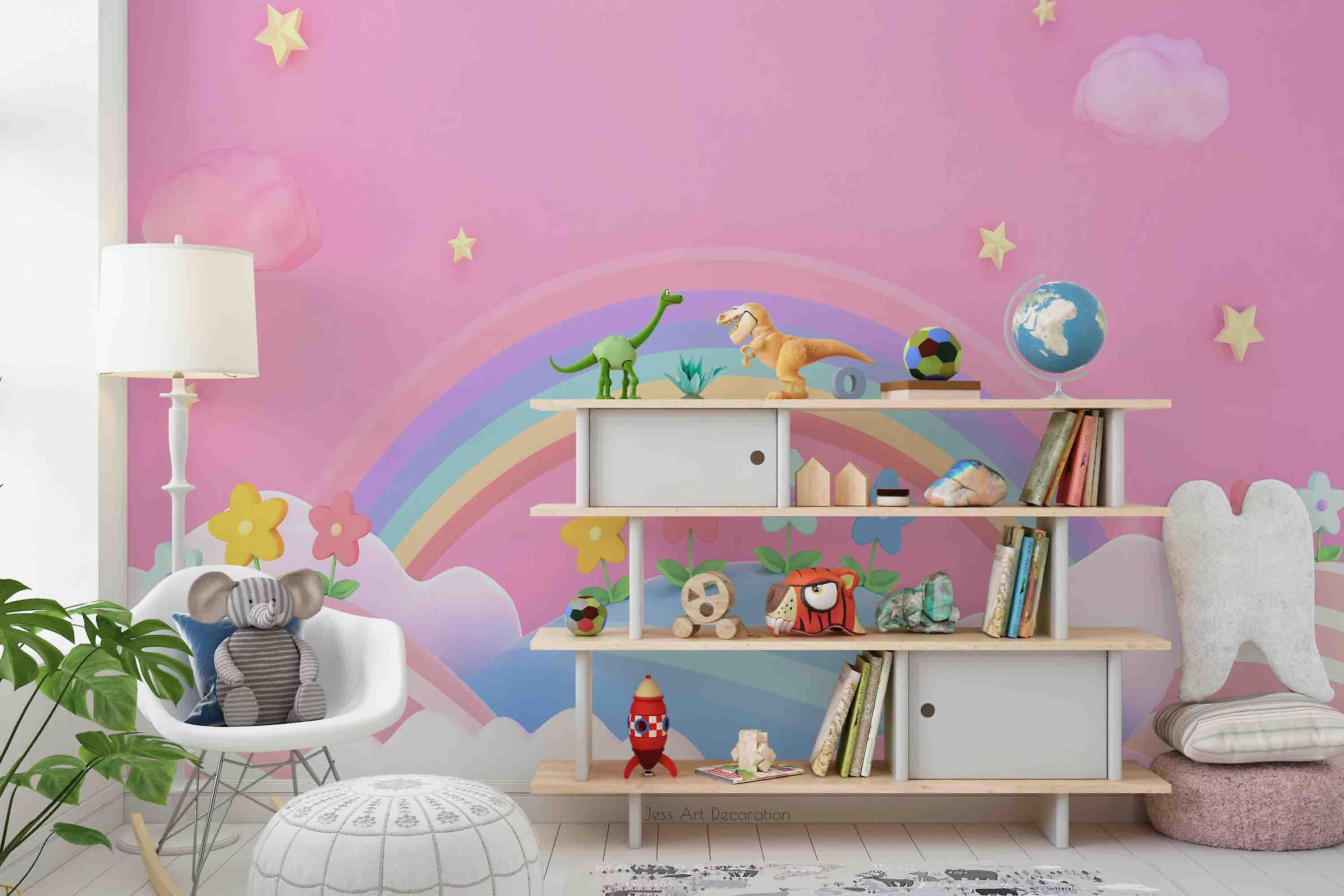 3d tecknad regnbåge berg blomma rosa väggmålning tapet gd 2498 | Fruugo SE