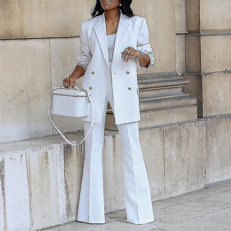 Ladies Double-breasted Suit Set Wide Leg Trousers Cardigan Two Piece ...