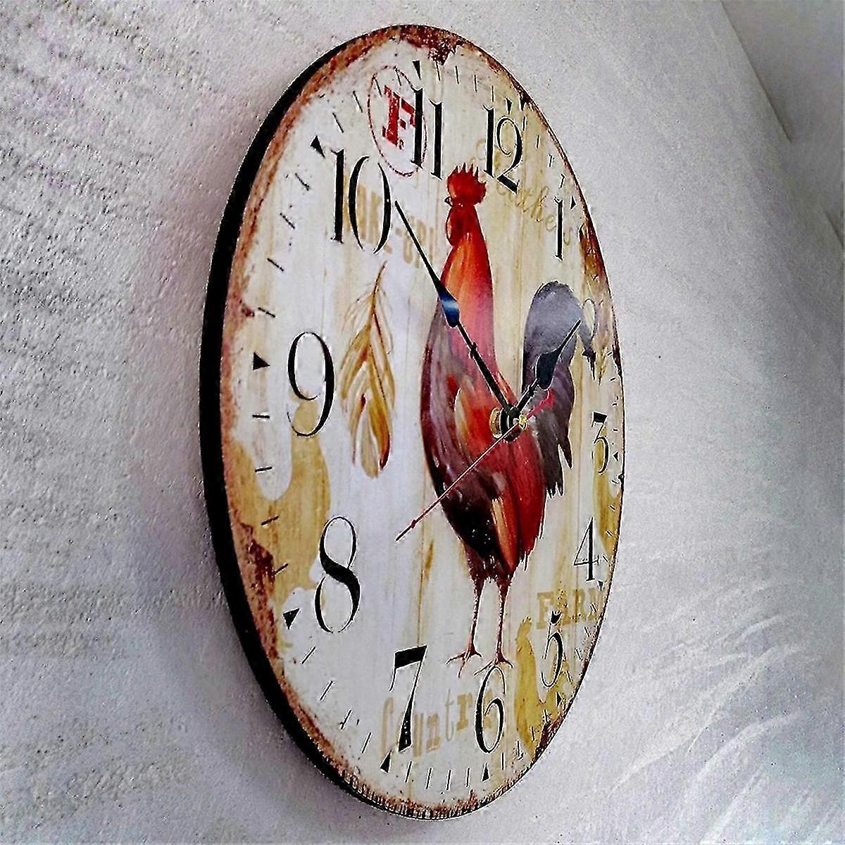 Vintage Rooster Kitchen Wall Clock - 12 Inch Silent Wooden Clock ...